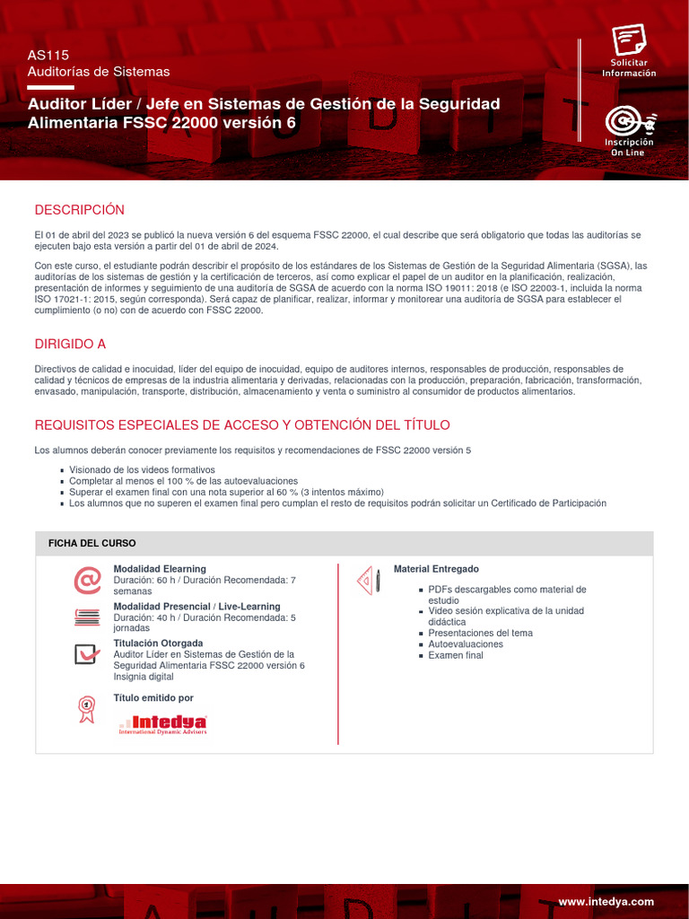 Fichascurso - Ficha - Auditor Lider Jefe en Sistemas de Gestion de La Seguridad Alimentaria FSSC ...