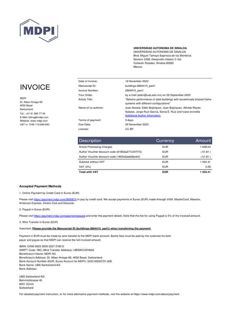 MDPI Invoice for UAS Article Processing | PDF