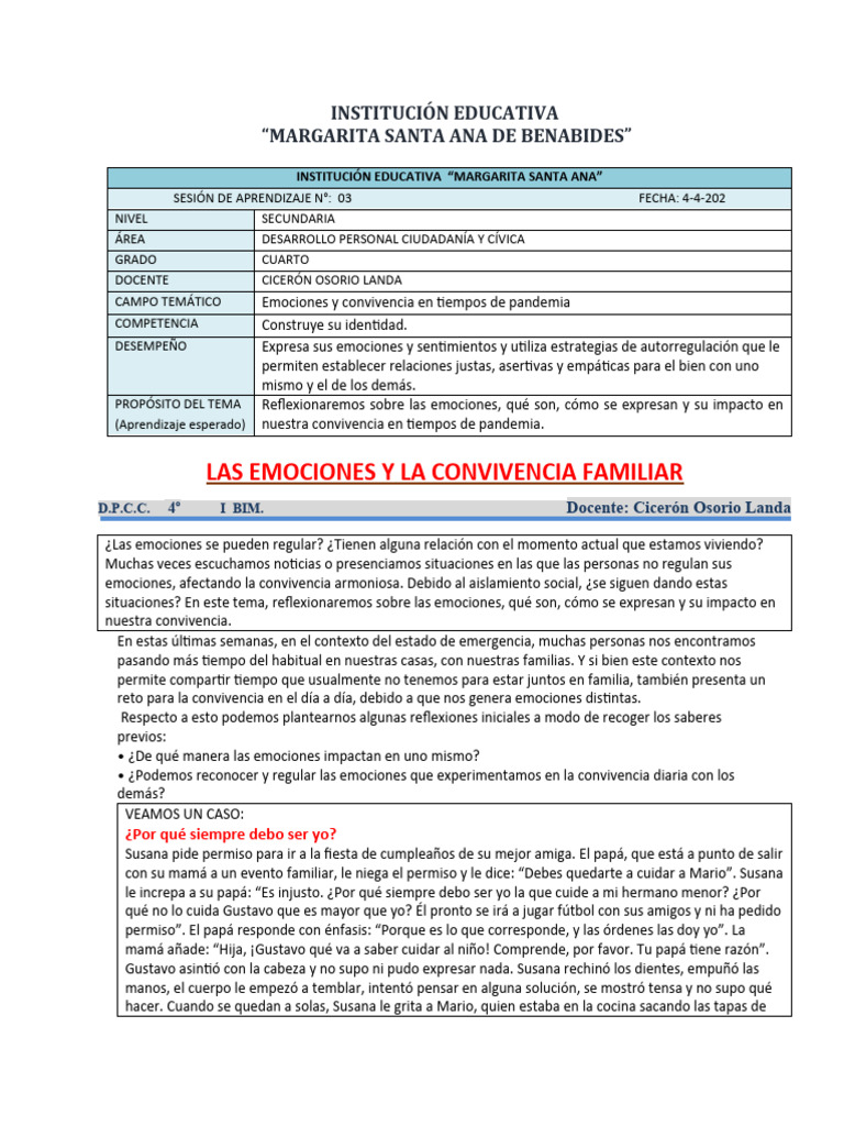 DPCC-4to - MSAB-EMOCIONES Y CONVIVENCIA FAMILIAR-4-4-2022 | PDF | Relaciones personales, crianza ...