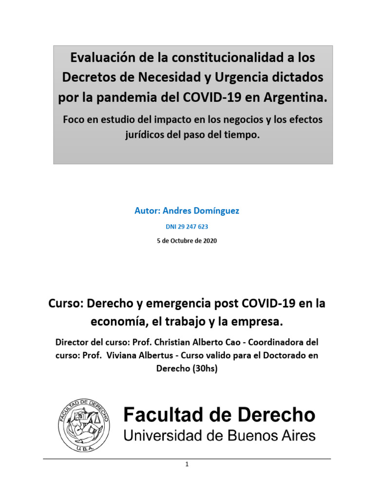 Evaluación de La Constitucionalidad A Los Decretos de Necesidad y Urgencia Dictados Por La ...