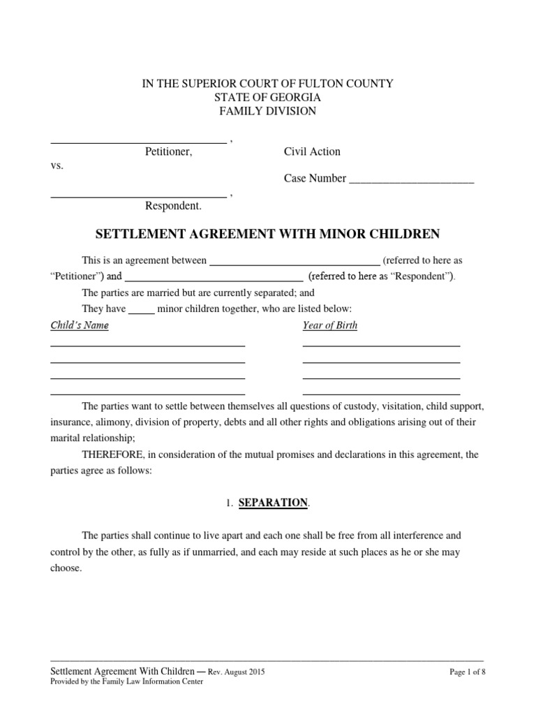 Settlement Agreement With Minor Children | PDF | Child Support | Bankruptcy