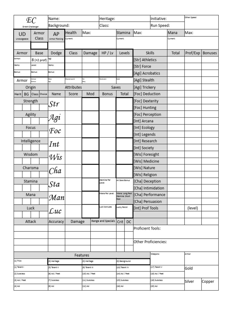 Errant Challenger Character Sheet | PDF | Gaming | Role Playing Games