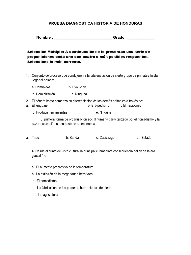 Prueba Diagnostica de Historia de Honduras | PDF | Método científico ...