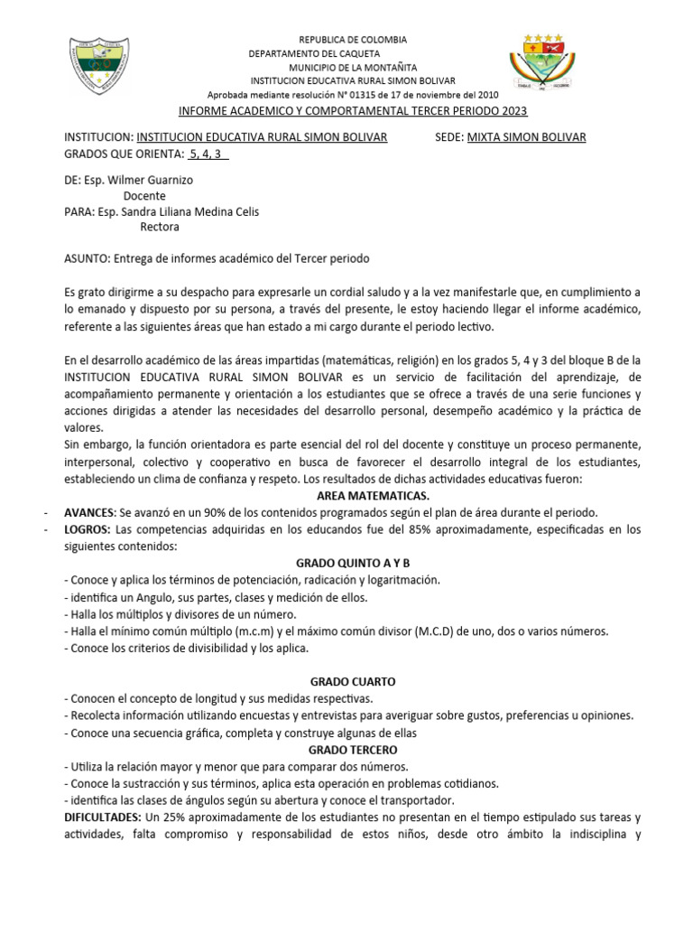 Informe Academico y Comportamental Tercer Periodo 2024 | PDF