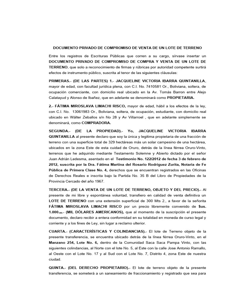 Documento Privado de Compromiso de Venta de Un Lote de Terreno | PDF | Derecho Civil (Common Law ...