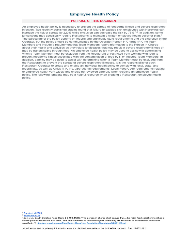 Employee Health Reporting Policy | PDF | Foodborne Illness | Employment