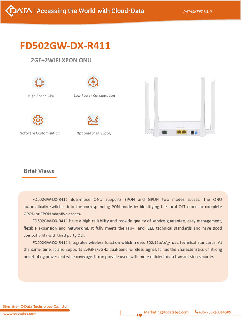 CDATA-XPON ONU - FD502GW-DX-R411 (2GE+2WIFI) Datasheet-V3.0 | PDF | Network Protocols | Computer ...
