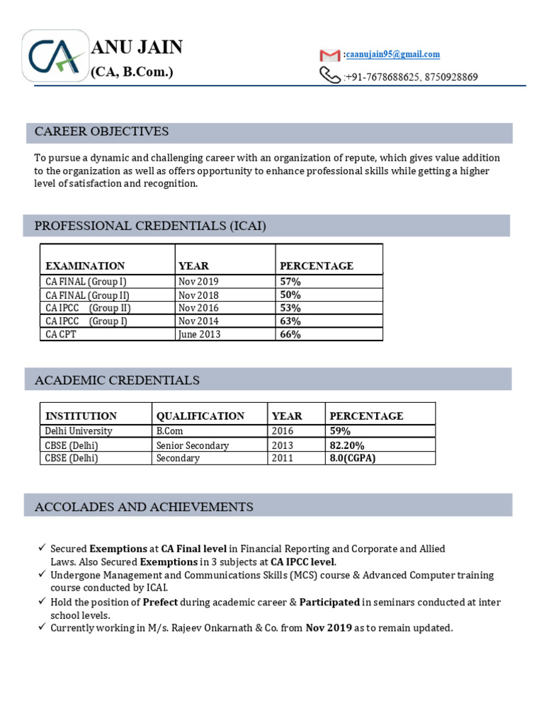 CV - Anu Jain | PDF | Taxes | Audit