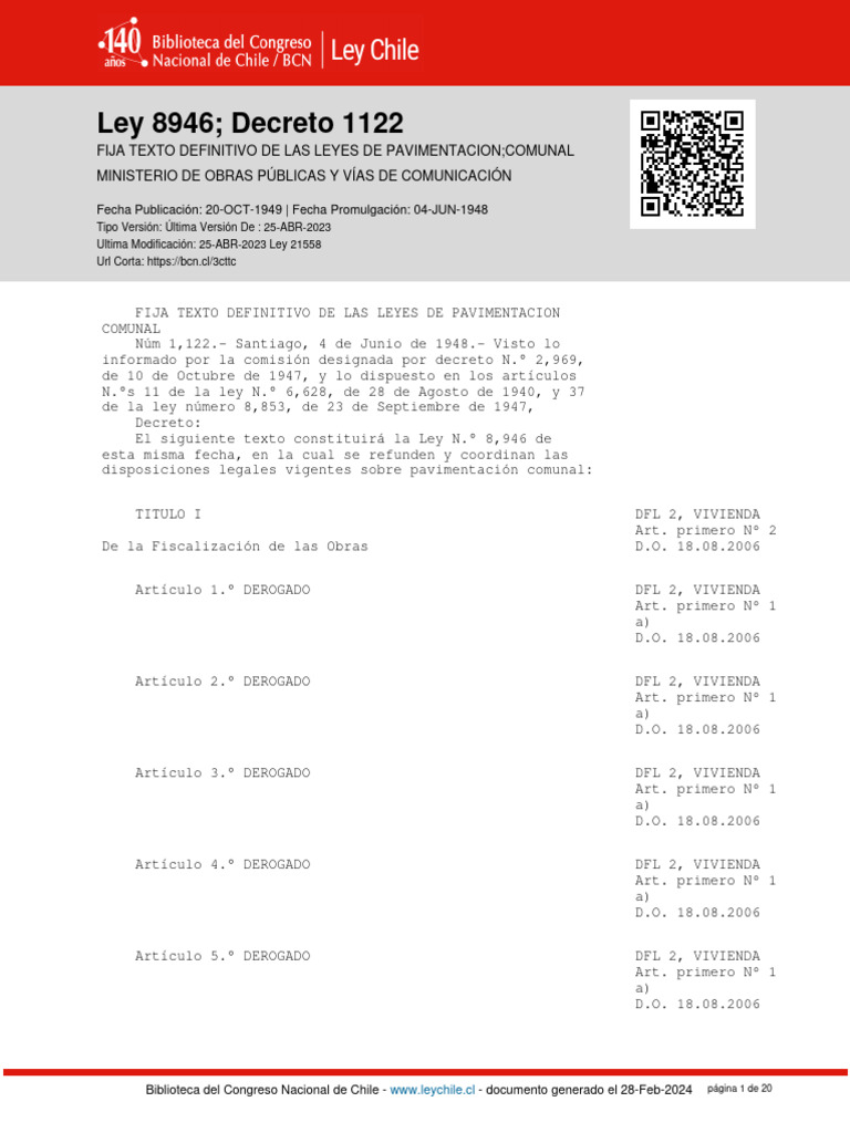 Ley 8946: Pavimentación Comunal | PDF | Chile | Gobierno