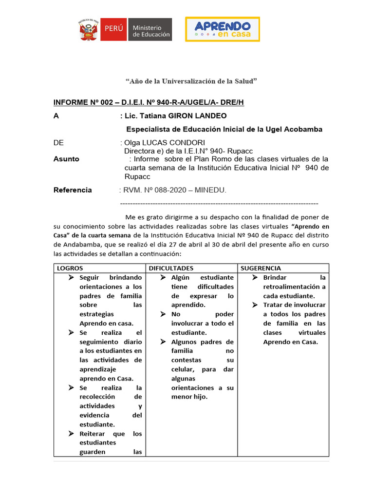 Informe de La Cuarta Semana de I.e.n°940-Rupacc | PDF | Aprendizaje | Modificación de comportamiento