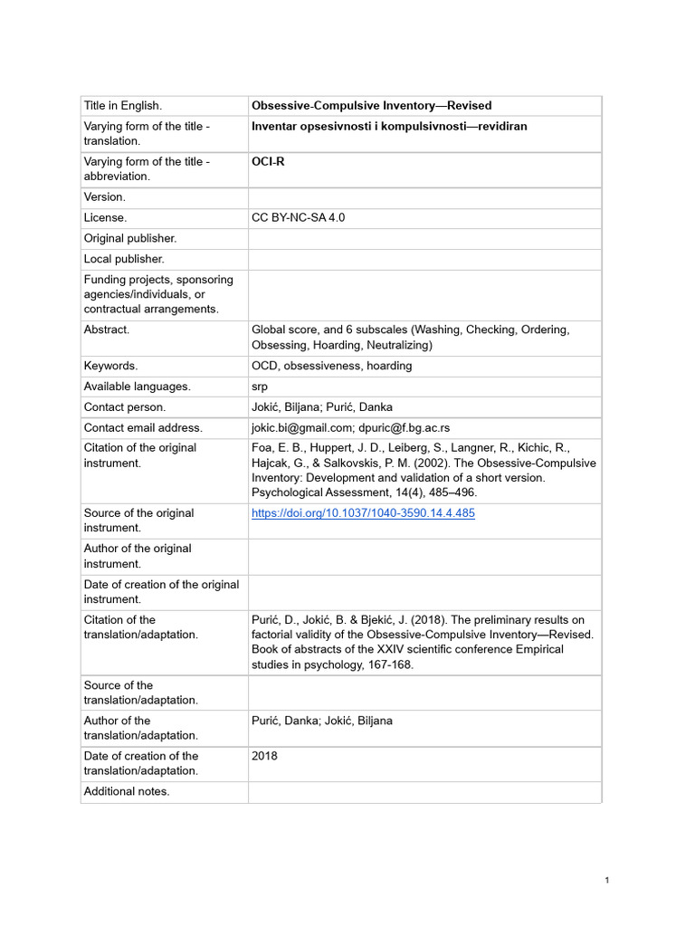 Oci-R Upitnik - Srpska Verzija | PDF