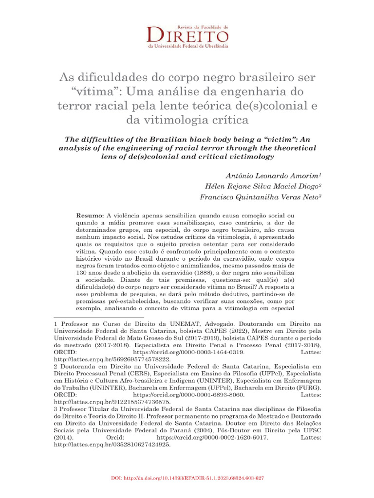 Artigo Coaturia. UFU. As Dificuldades Do Corpo Negro Ser Vitima | PDF