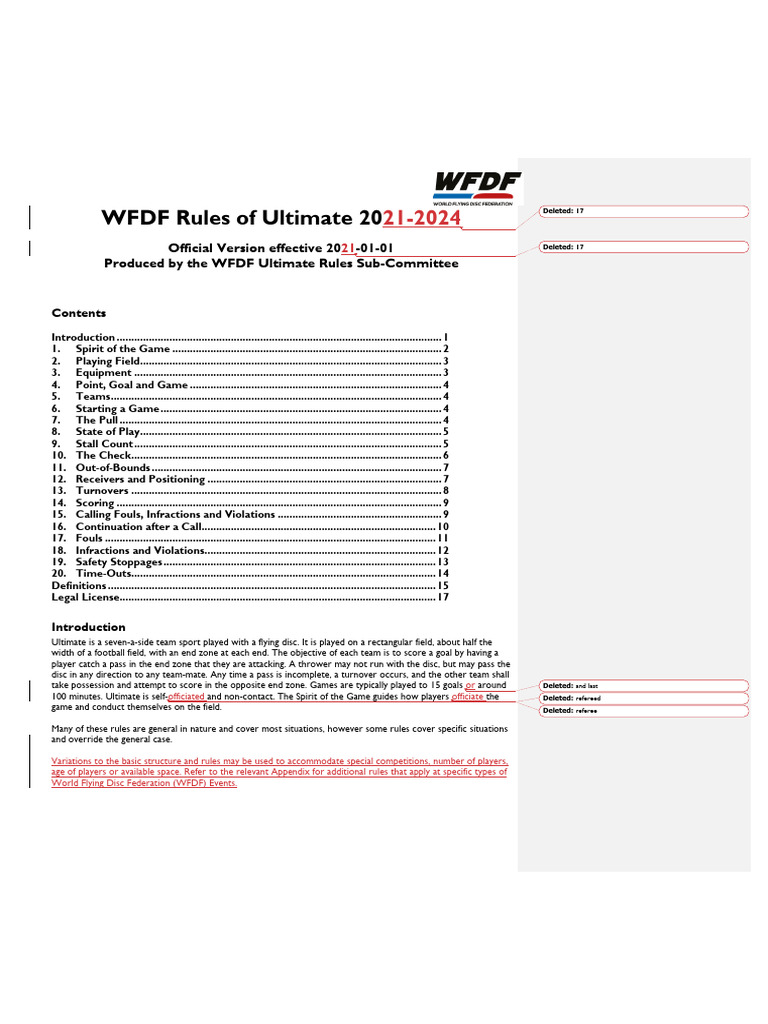 WFDF Rules of Ultimate 2021-2024 - Track Changes | PDF | Sports Rules And Regulations | Sports