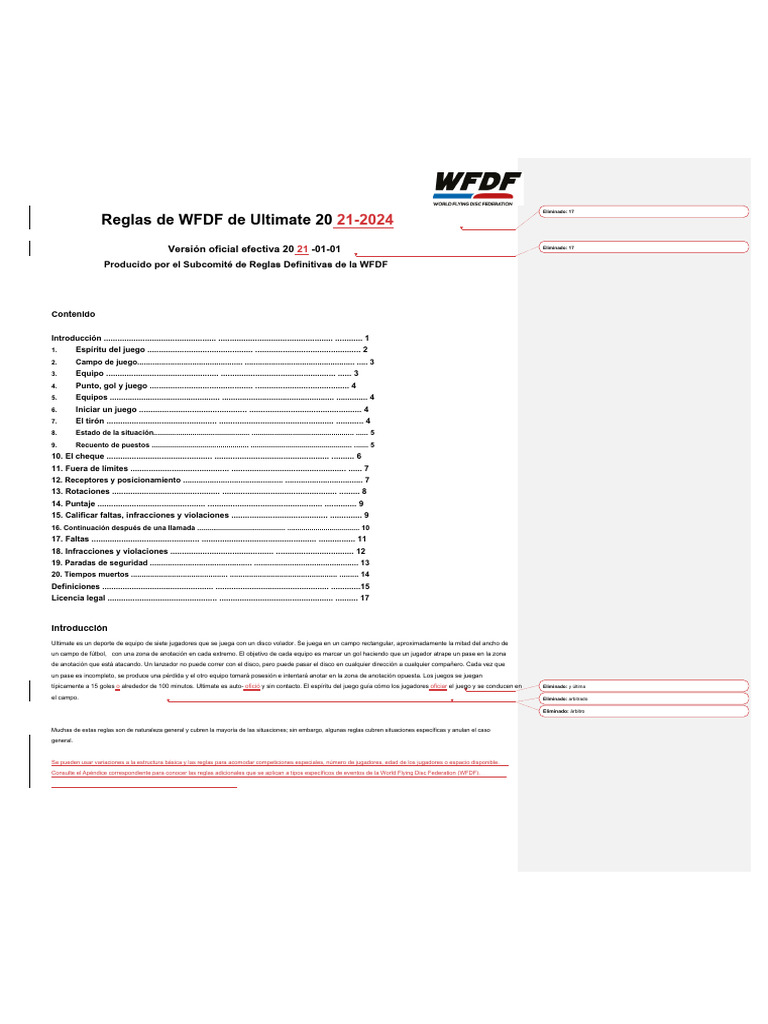 WFDF Rules of Ultimate 2021-2024 - Track Changes - En.es | PDF ...
