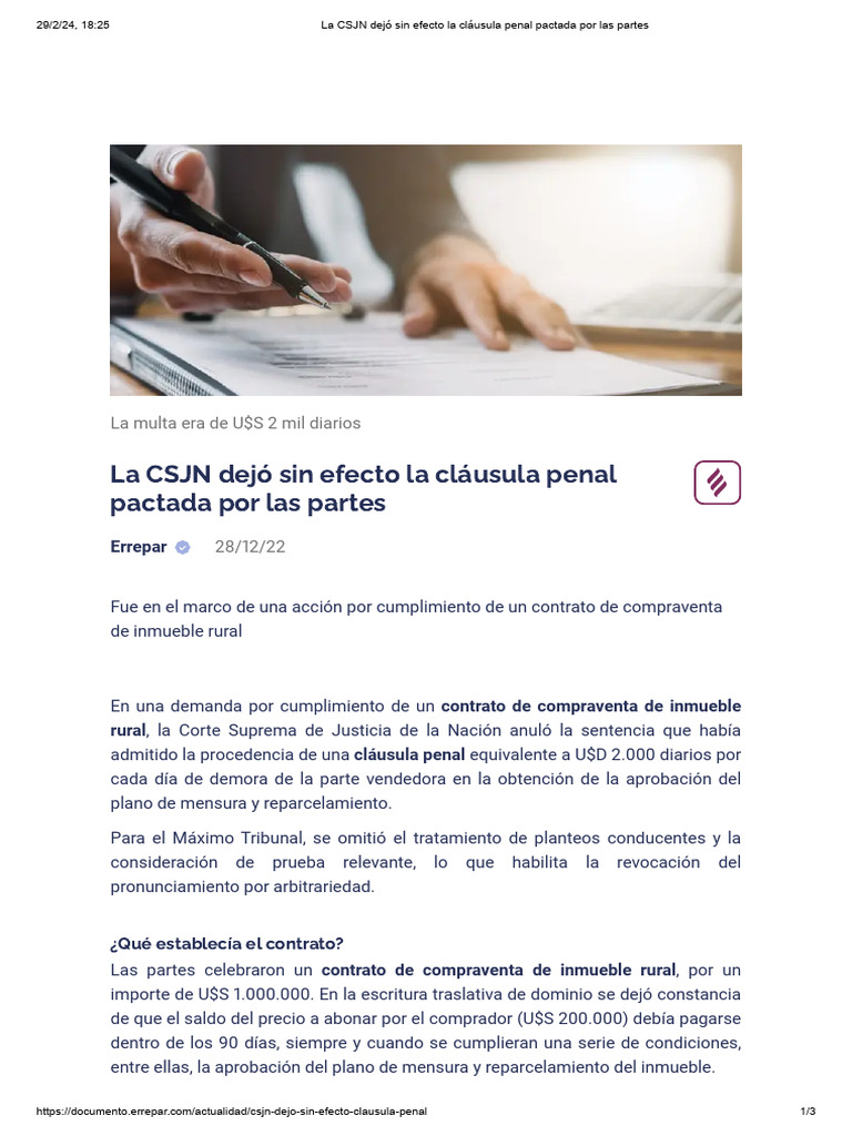 La CSJN Dejó Sin Efecto La Cláusula Penal Pactada Por Las Partes | PDF ...