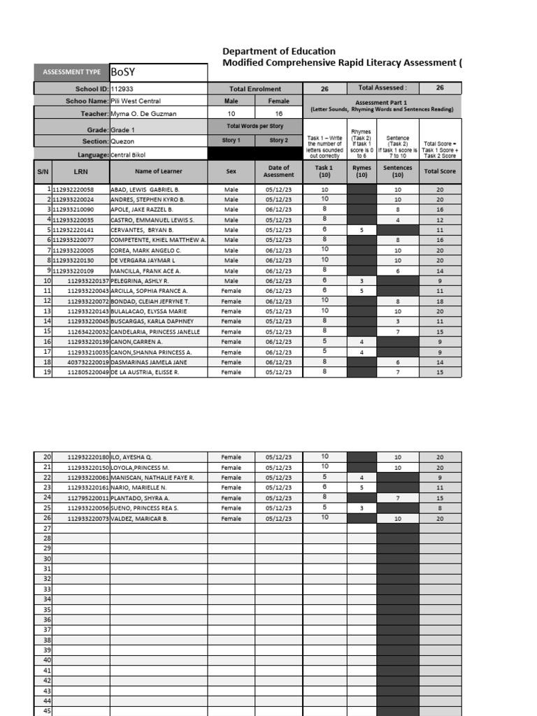 Grade 1 Literacy Assessment Scoresheet | PDF