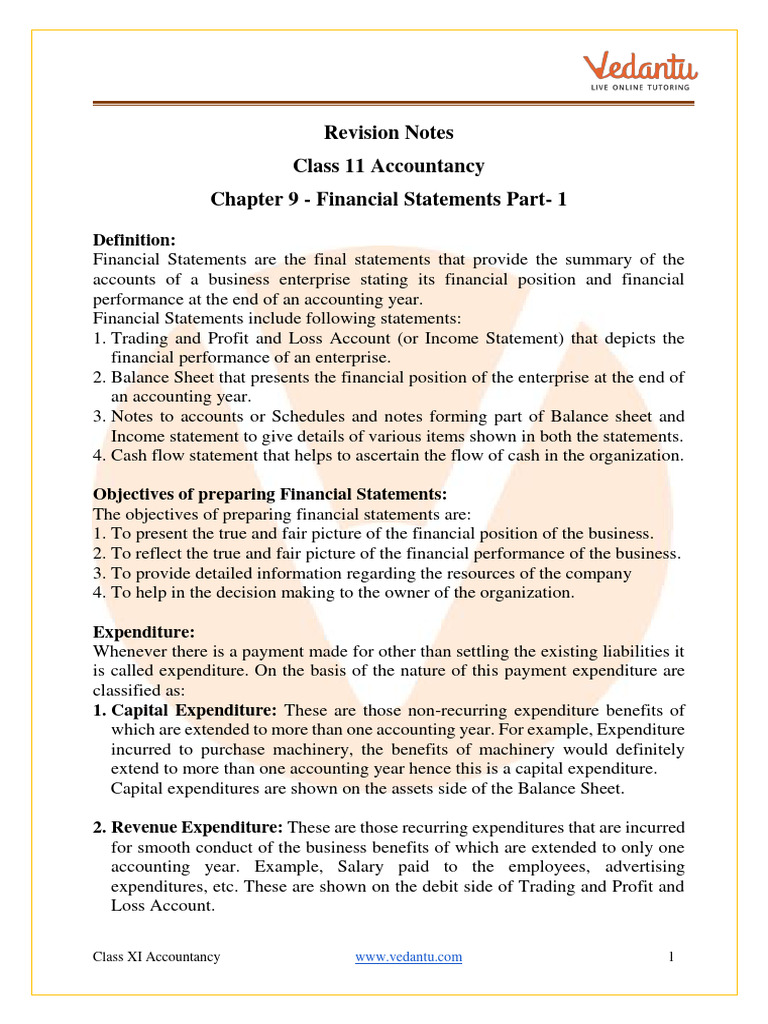Financial Statements - I Class 11 Notes CBSE Accountancy Chapter 9 (PDF ...