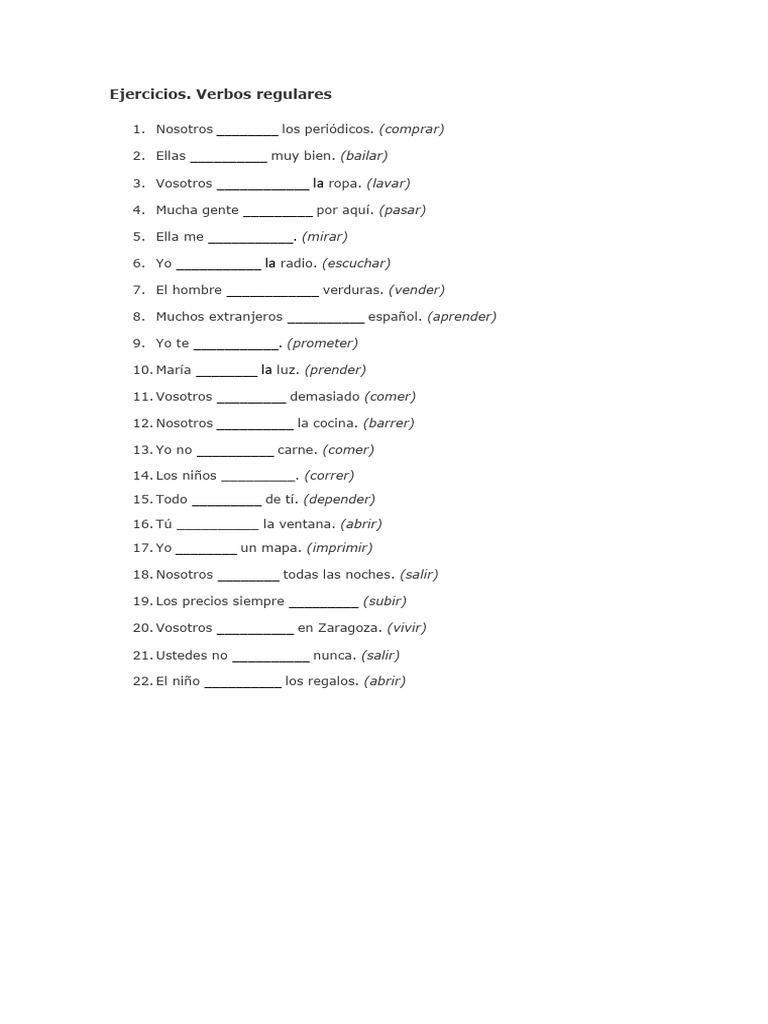 Ejercicios de Verbos Regulares | PDF