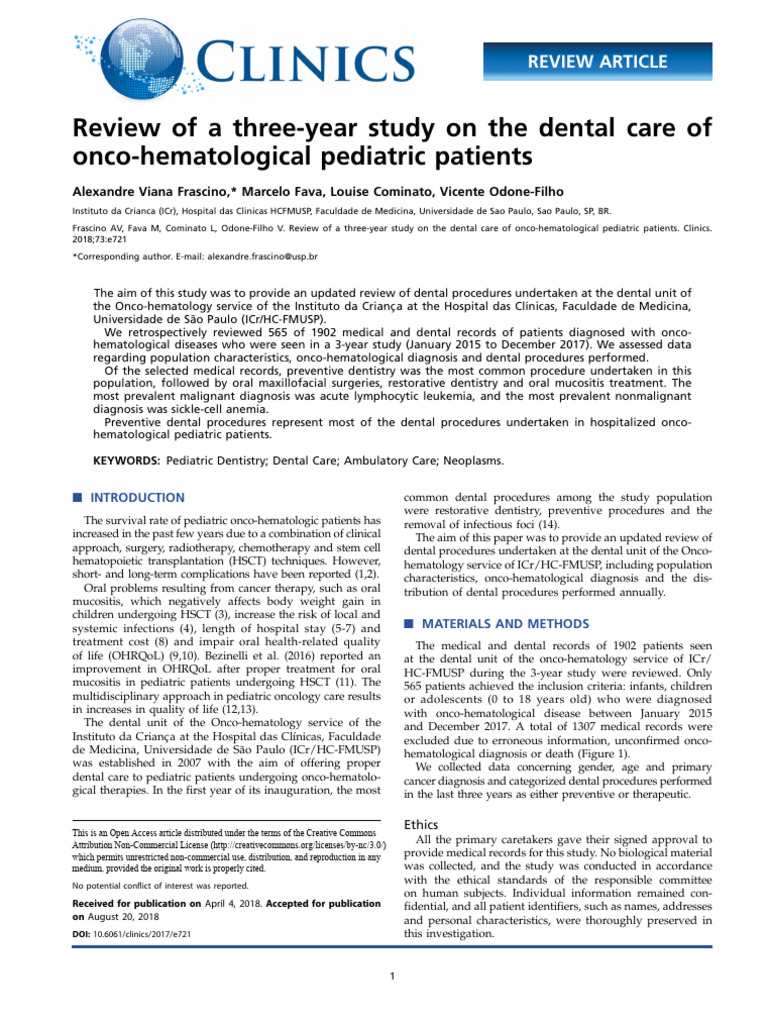 Review of A Three-Year Study On The Dental Care of Onco-Hematological ...