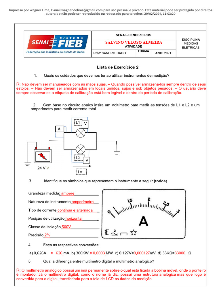 Respostas Lista de Exercícios 2 - (MEDIDAS ELÉTRICAS) | PDF