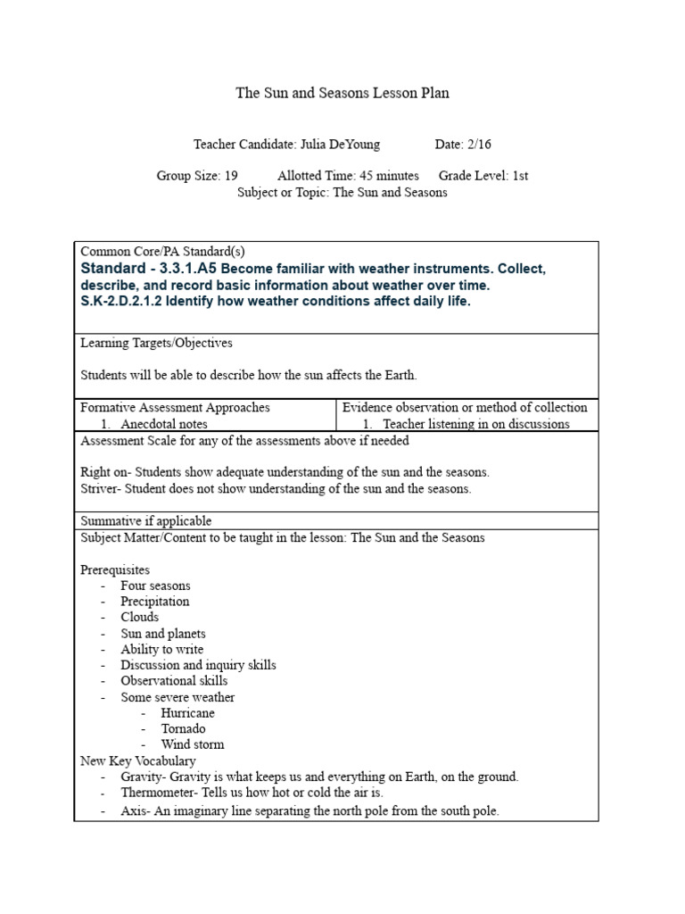 Sun and Seasons 1st Grade Lesson | PDF | Weather | Sun