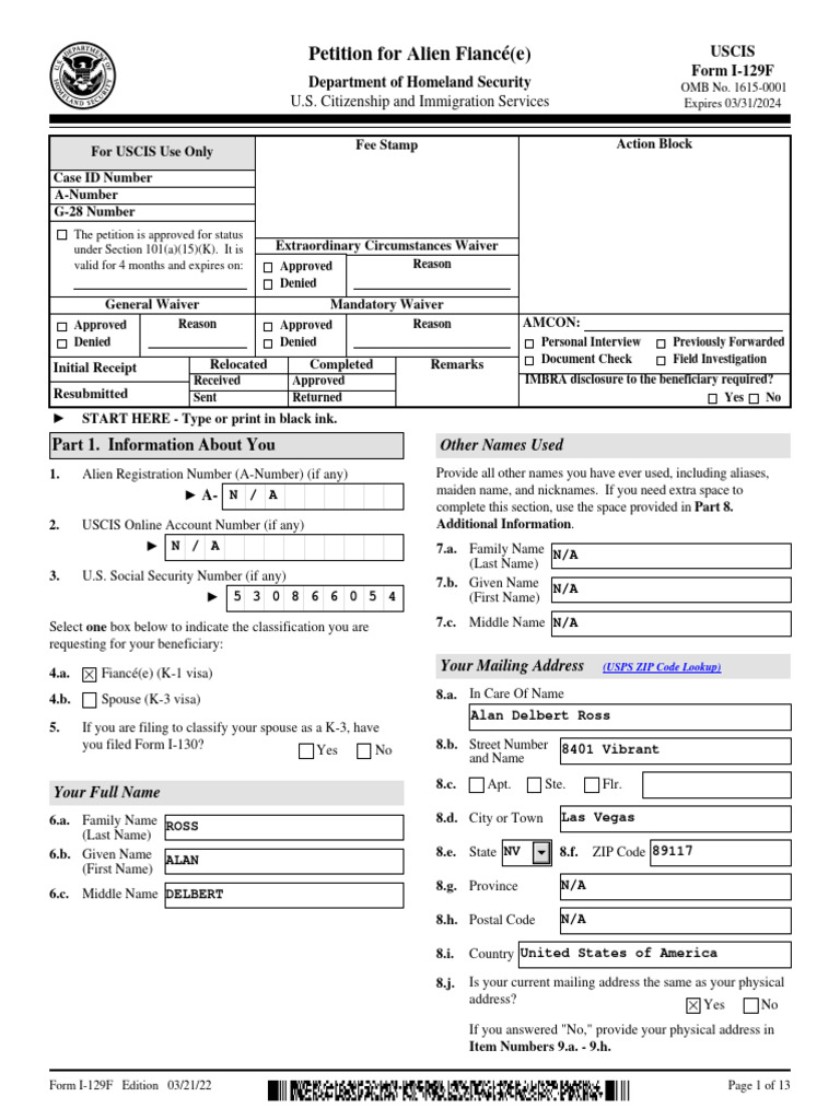 Petition For Alien Fiancé (E) : Uscis Form I-129F | PDF | Justice ...