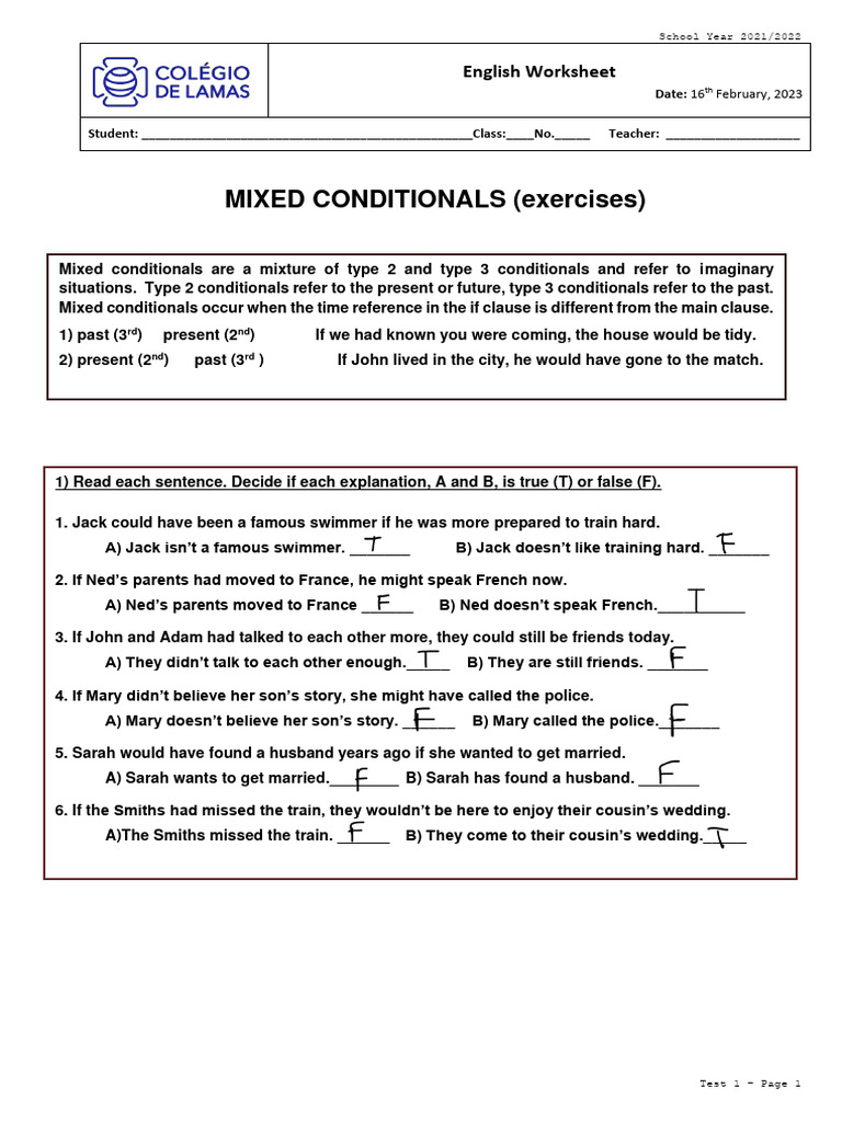 Mixed Conditionals Exercises | PDF
