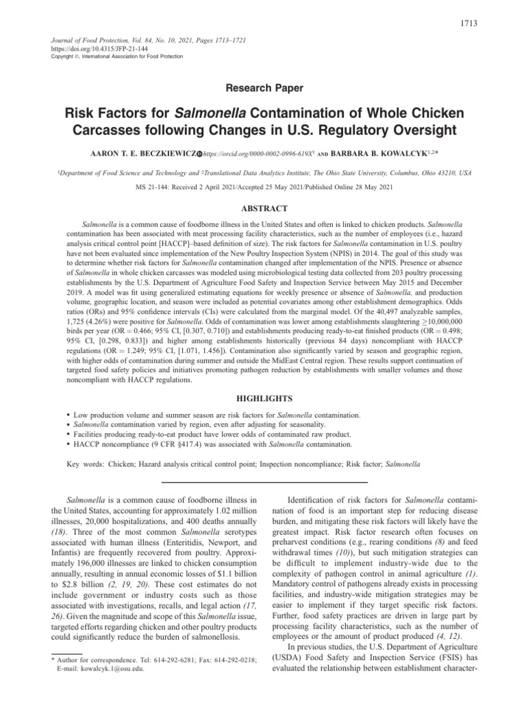HOY Risk Factors For Salmonella Contamination of Whole Chicken ...