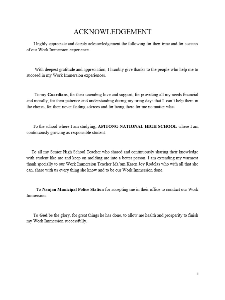 Gratitude for Work Immersion Support | PDF | Wellness