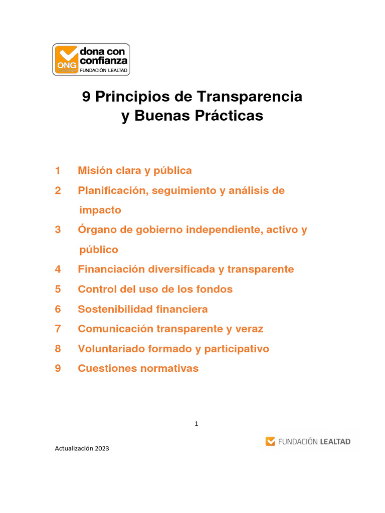 9 Principios de Transparencia y Buenas Practicas - Documento ONG | PDF ...