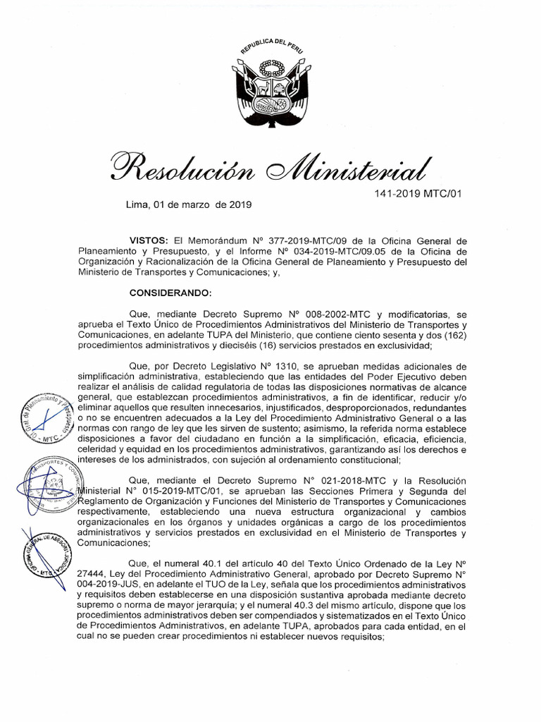 RM 141-2019 MTC-01 Parte1 | PDF | Gobierno | Justicia