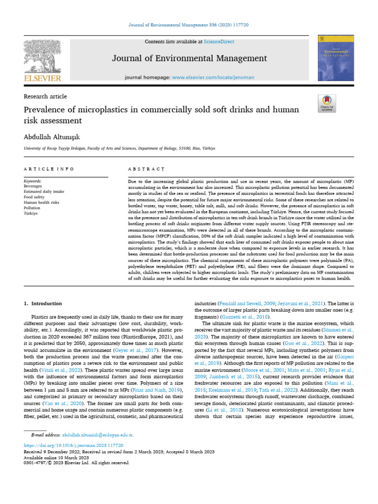 Prevalence Of Microplastics In Commercially Sold Soft Drinks And Human