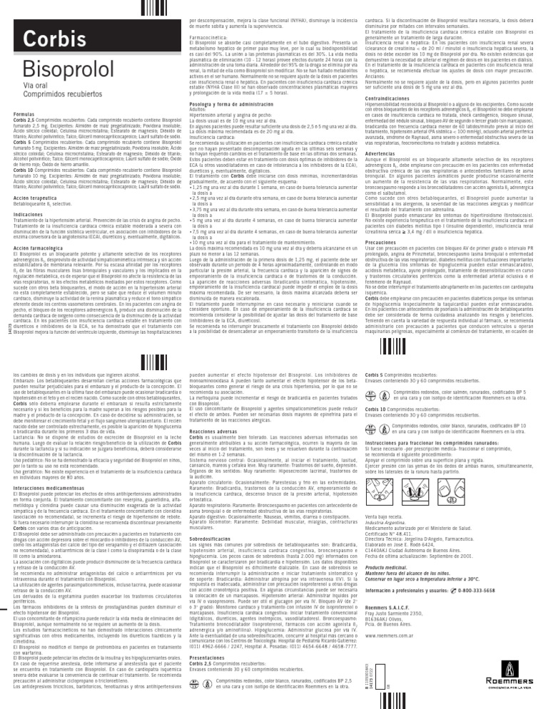 Uso y Dosis de Corbis (Bisoprolol) | PDF | Tratamientos médicos ...