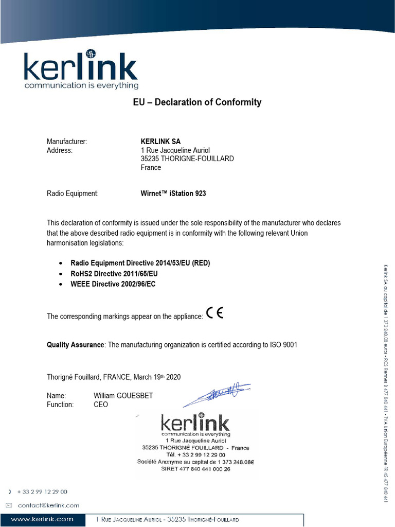 EU Declaration of Conformity - Wirnet Istation | PDF