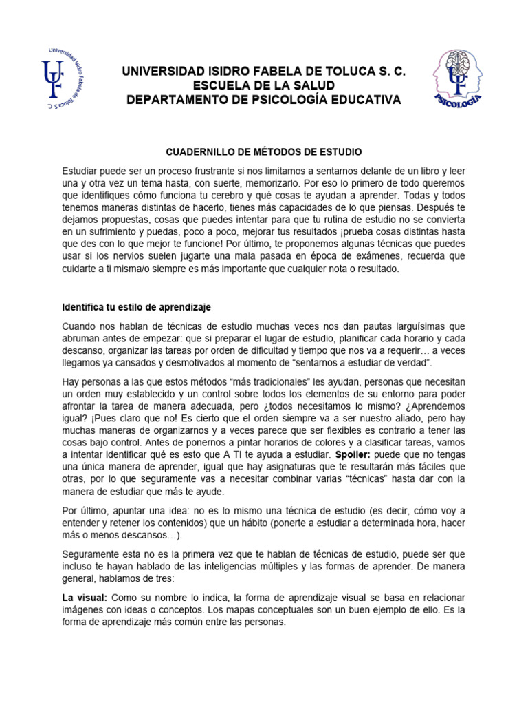 Cuadernillo Técnicas de Estudio | PDF | Memoria | Aprendizaje