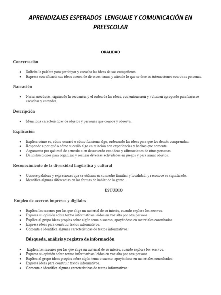 Aprendizajes Esperados Lenguaje y Comunicación en Preescolar | PDF