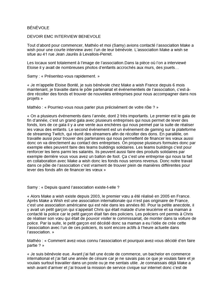 Interview d'une bénévole de Make a Wish | PDF | Sciences sociales ...