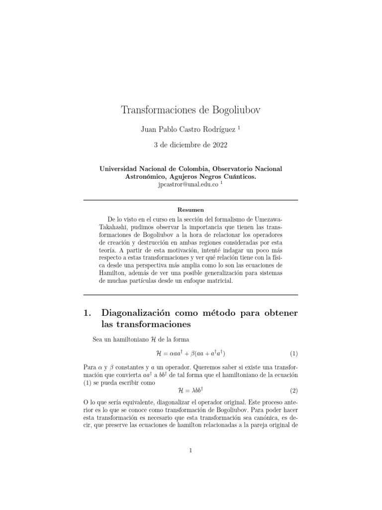 Transformaciones De Bogoliubov Pdf Matriz Matemáticas Valores