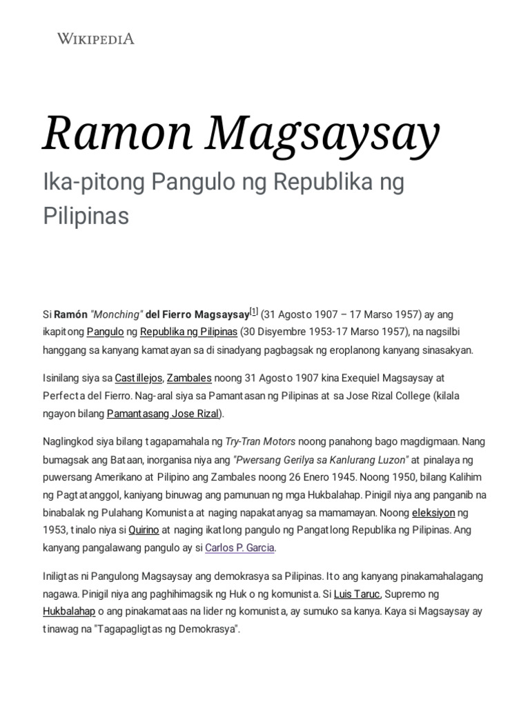 Ramon Magsaysay - Wikipedia, Ang Malayang Ensiklopedya | PDF