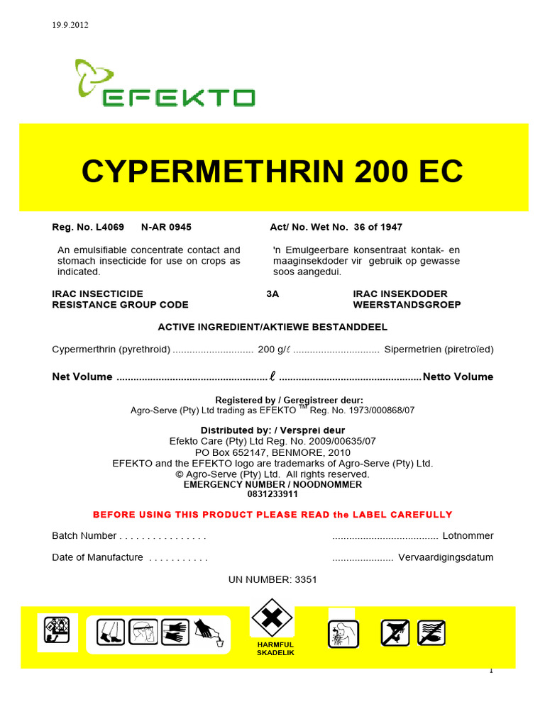 Cypermethrin 200 EC Product Label | PDF | Maize | Pest (Organism)