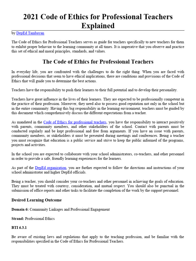 2021 Code of Ethics For Professional Teachers Explained | PDF | Career ...
