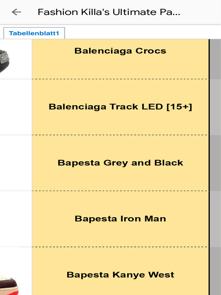 Balenciaga Track & Bapesta Spreadsheet | PDF