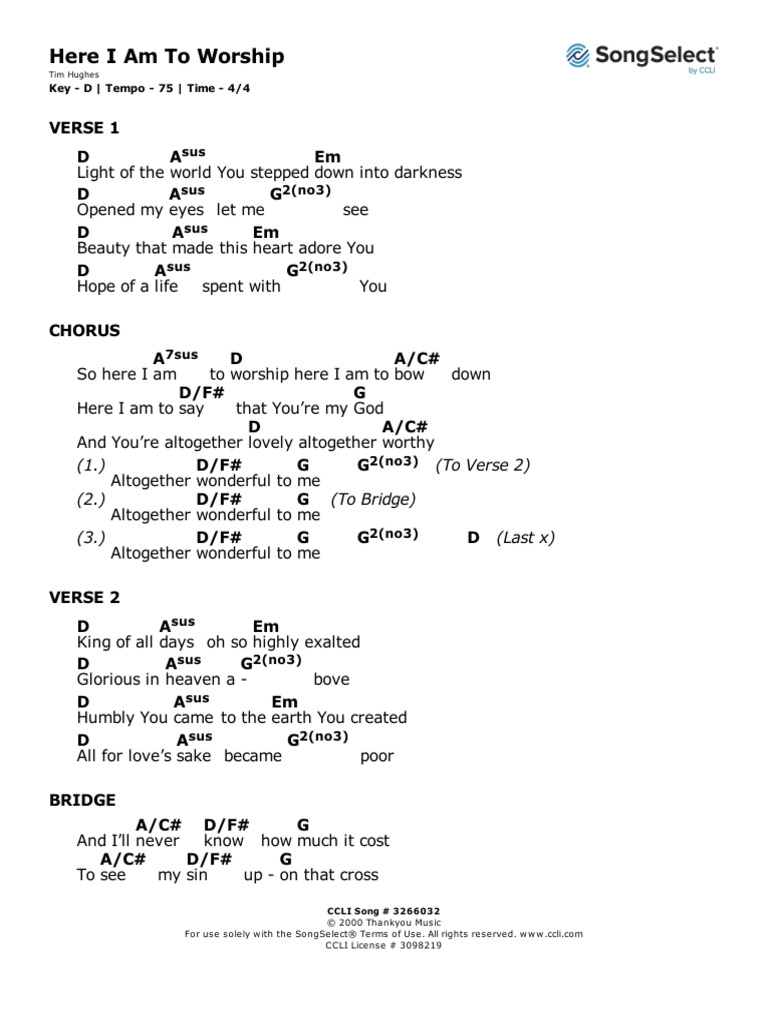 Here I Am To Worship - SongSelect Chart in D | PDF