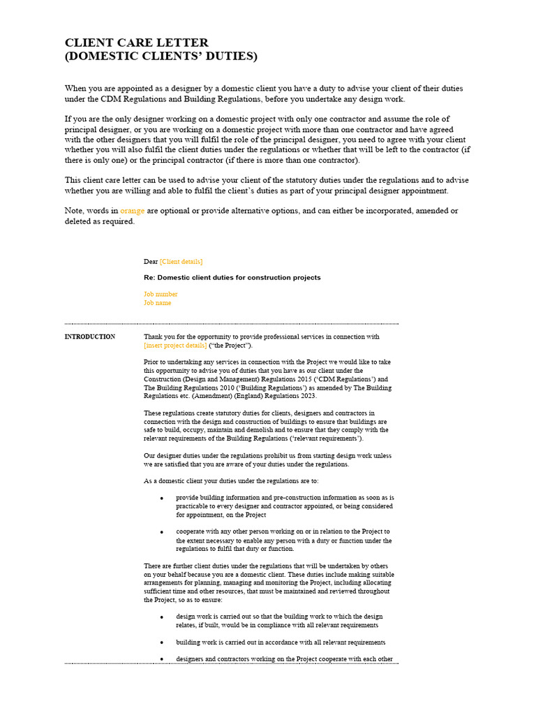 RIBA Client Care Letter - Domestic Template | PDF | Government | Justice