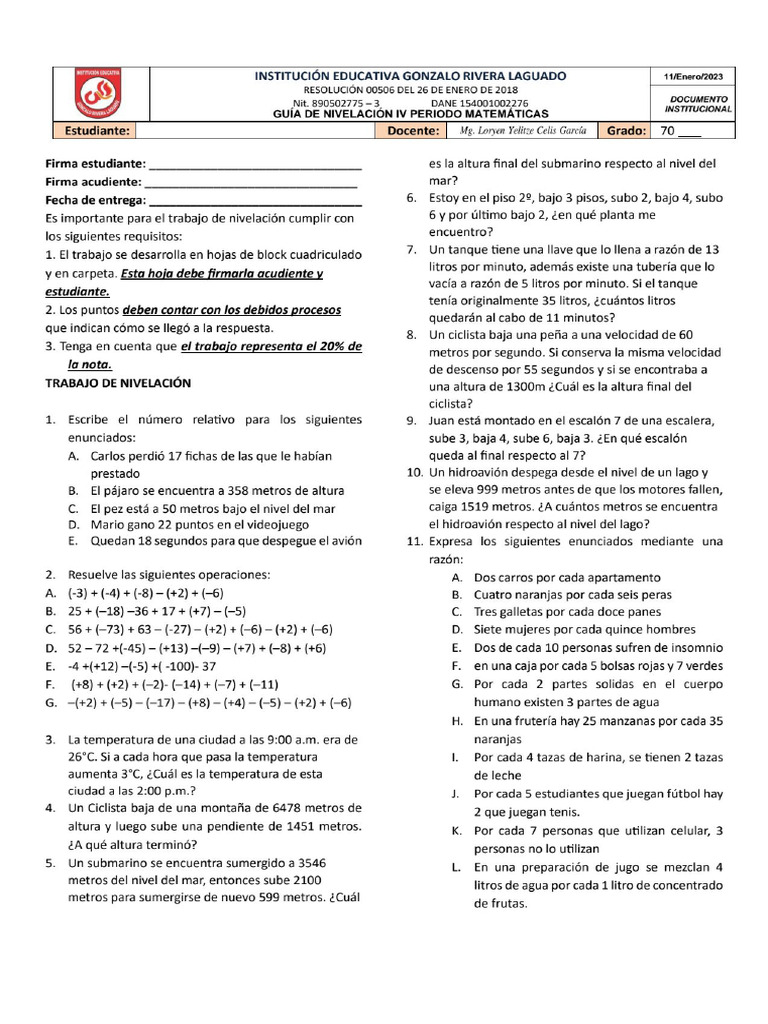 7 Matematicas TRABAJO DE NIVELACION 4 PERIODO | PDF