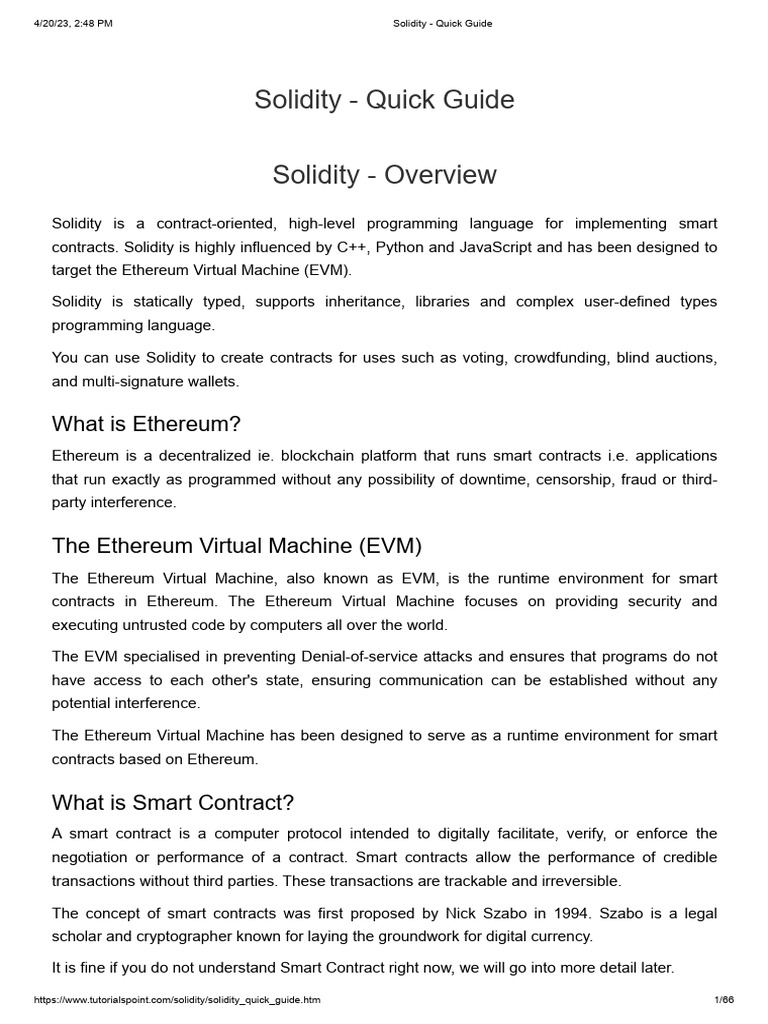 Solidity - Quick Guide | PDF | Control Flow | Variable (Computer Science) Solidity - Quick Guide | PDF | Control Flow | Variable (Computer Science)