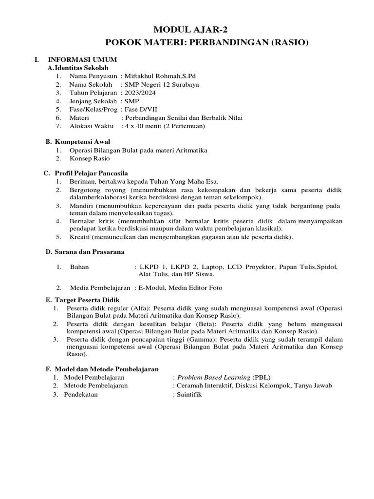 Modul Rasio - Perbandingan Senilai Dan Berbalik Nilai - Kelas 7 Fase D ...