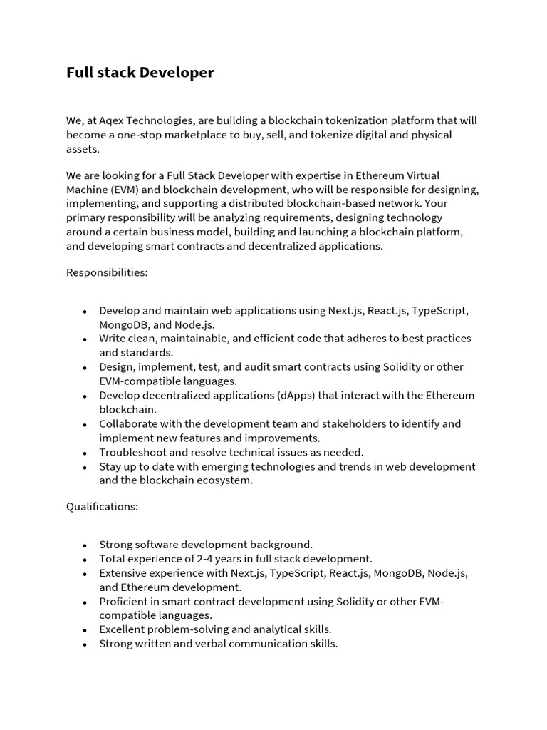Dapp - Fullstack Developer JD | PDF | Computer Science | Information Technology