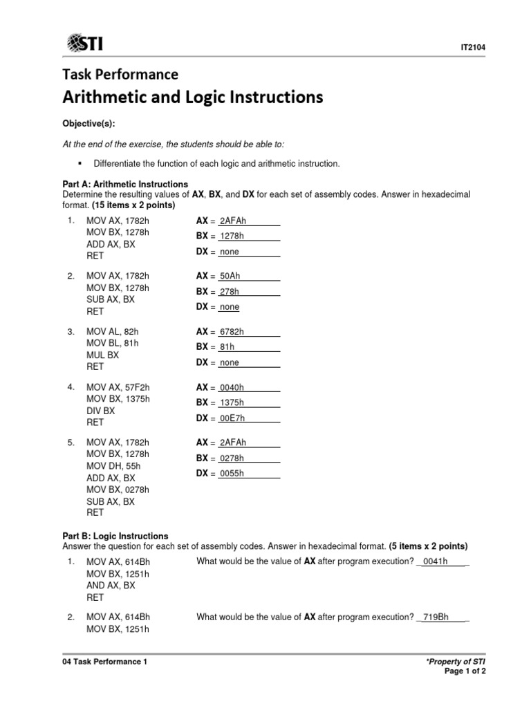 04 Task Performance 1 - Arithmetic and Logic Instructions | PDF | Teaching Methods & Materials ...