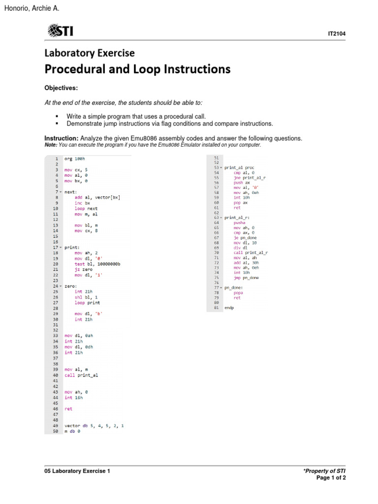05 Laboratory Exercise 1 - Procedural and Loop Instructions | PDF | Control Flow | Computer Program